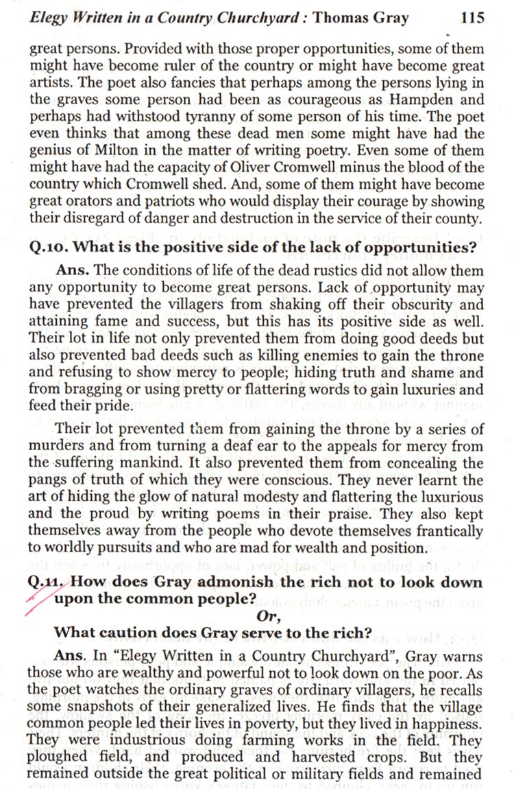 Short Questions with Answers (Elegy written in a country churchyard ...