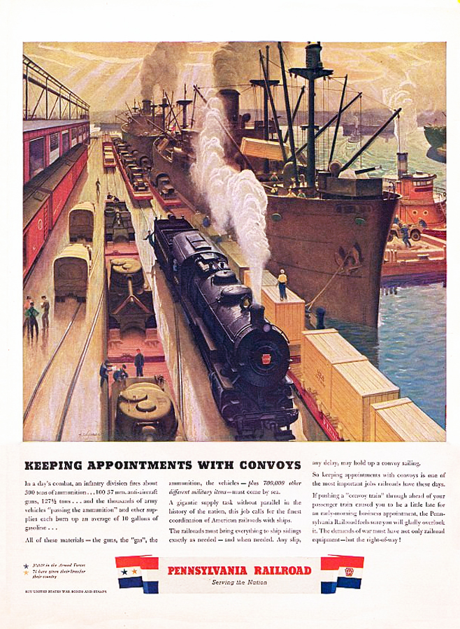 transpress nz: Pennsylvania Railroad WW2 advert - trains on the wharves