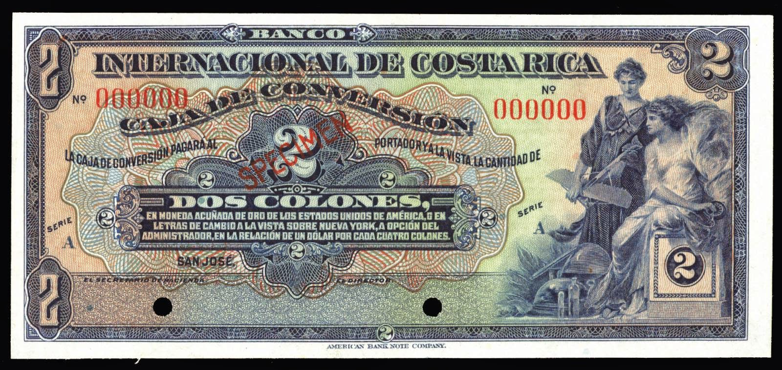 Costa Rica 2 Colones banknote 1924 Banco Internacional de Costa Rica ...