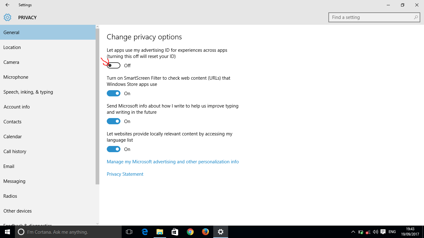 Five privacy setting in Windows 10