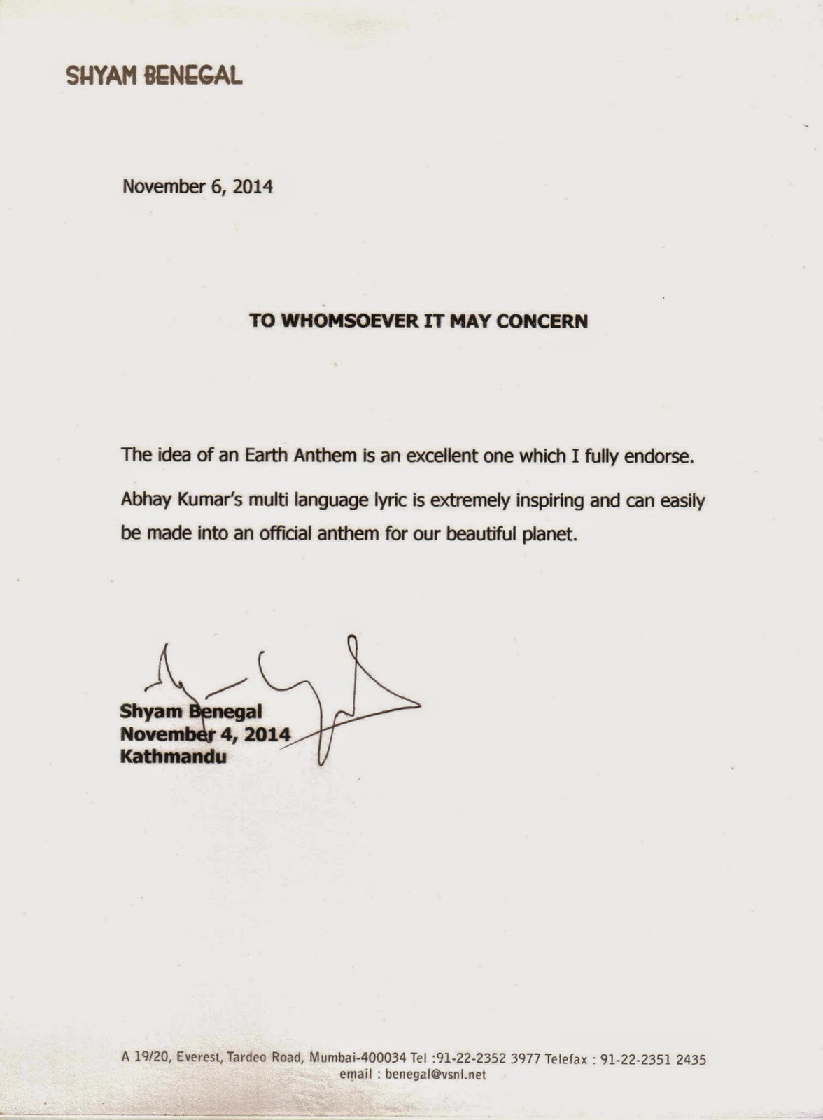 Earth Anthem: Chronology & Documents