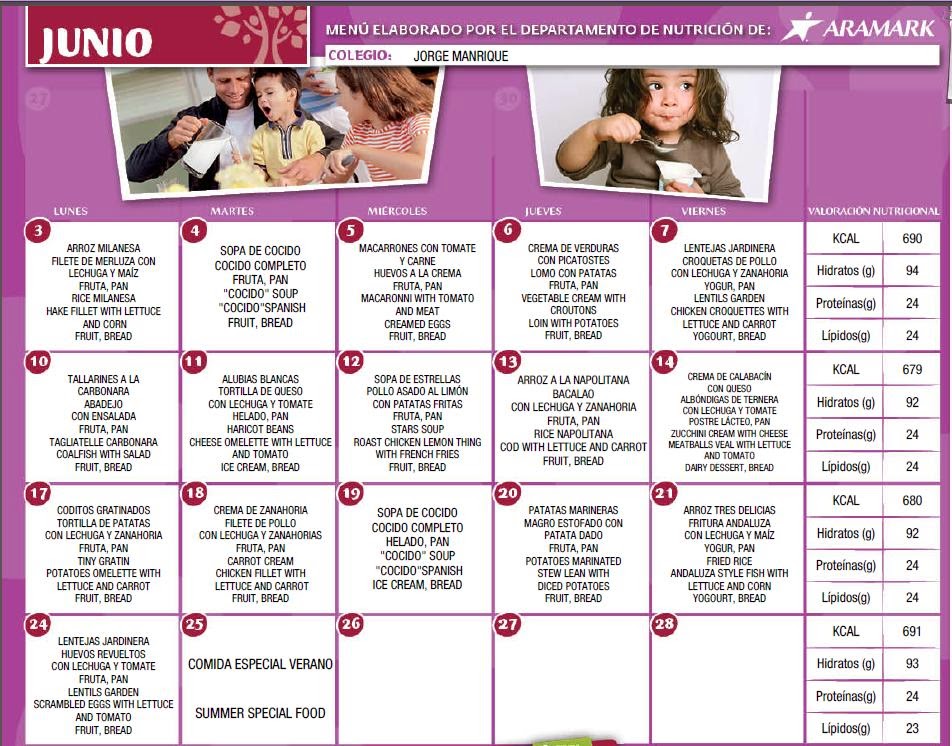 El Cole de Jorge Manrique : ARAMARK - Menú comedor Junio 2013