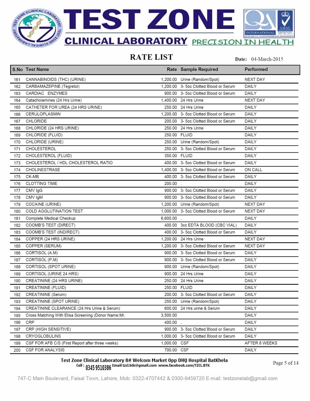 TEST ZONE Clinical Laboratory Collection Center Batkhela : Rate List