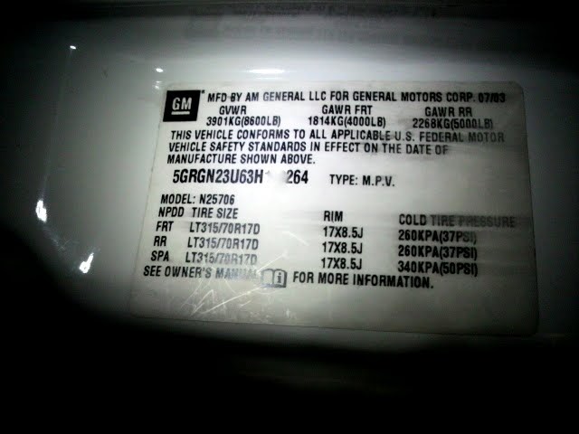 FTEC weblog: ハマーH2のFMVSSラベル