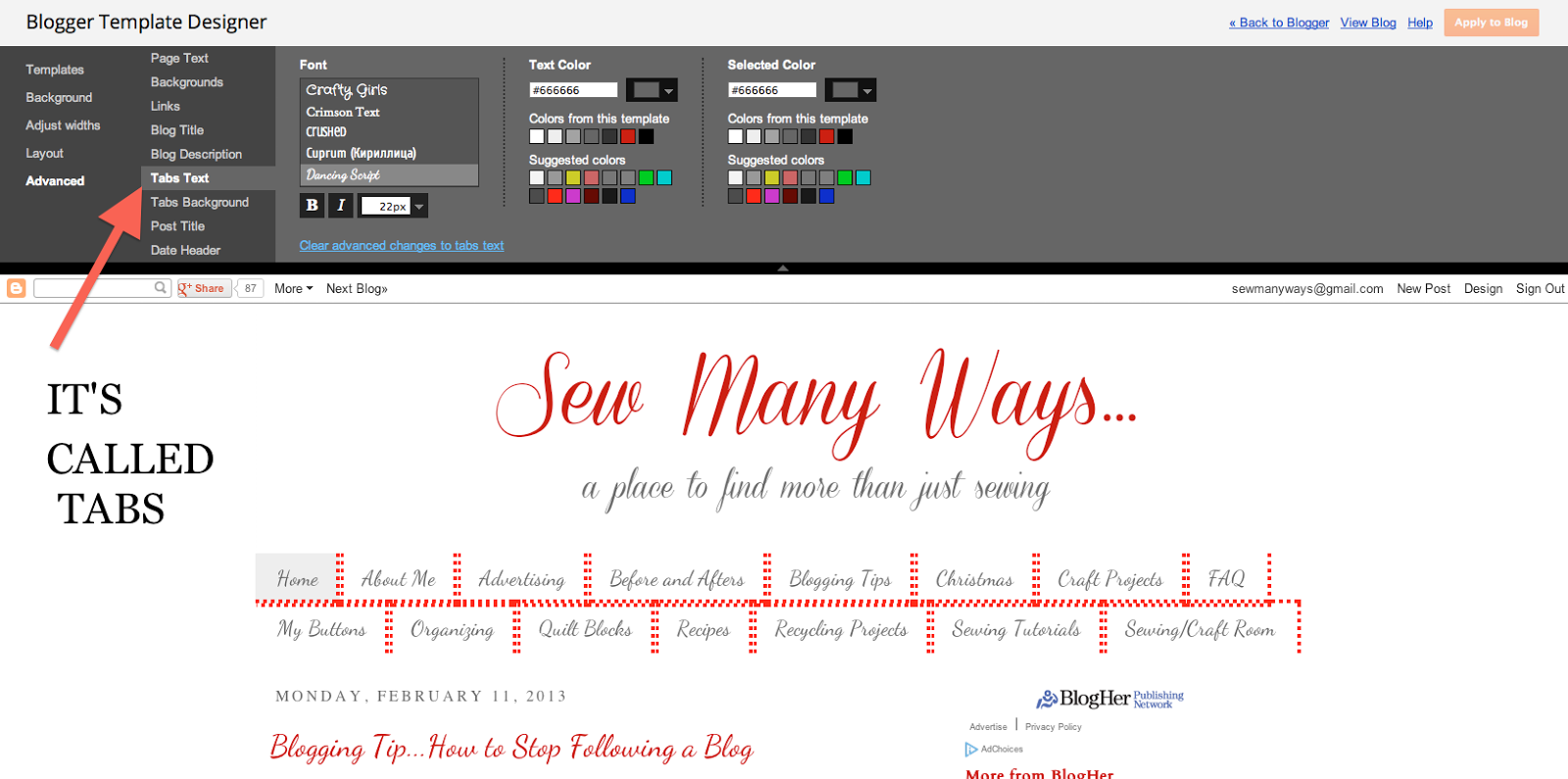 Sew Many Ways...: Blogging Tip...How to Add Pages or Tabs to the Top of ...