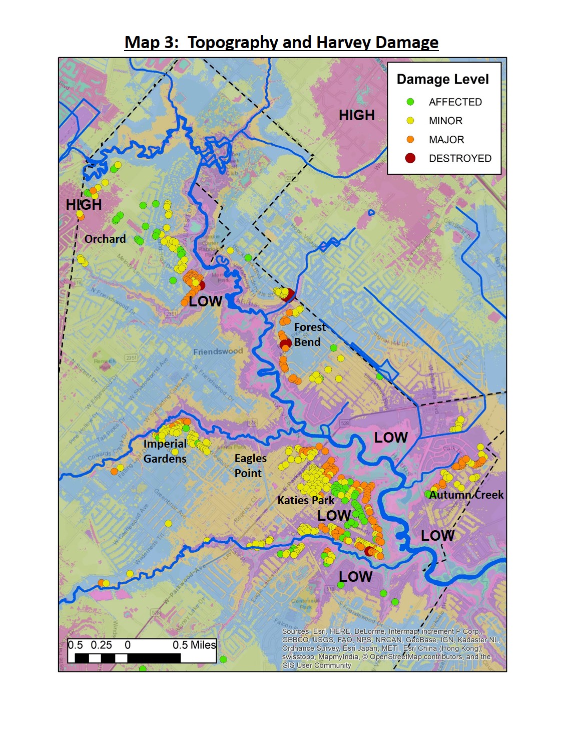Floodplain map vs. topography - Friendswood example