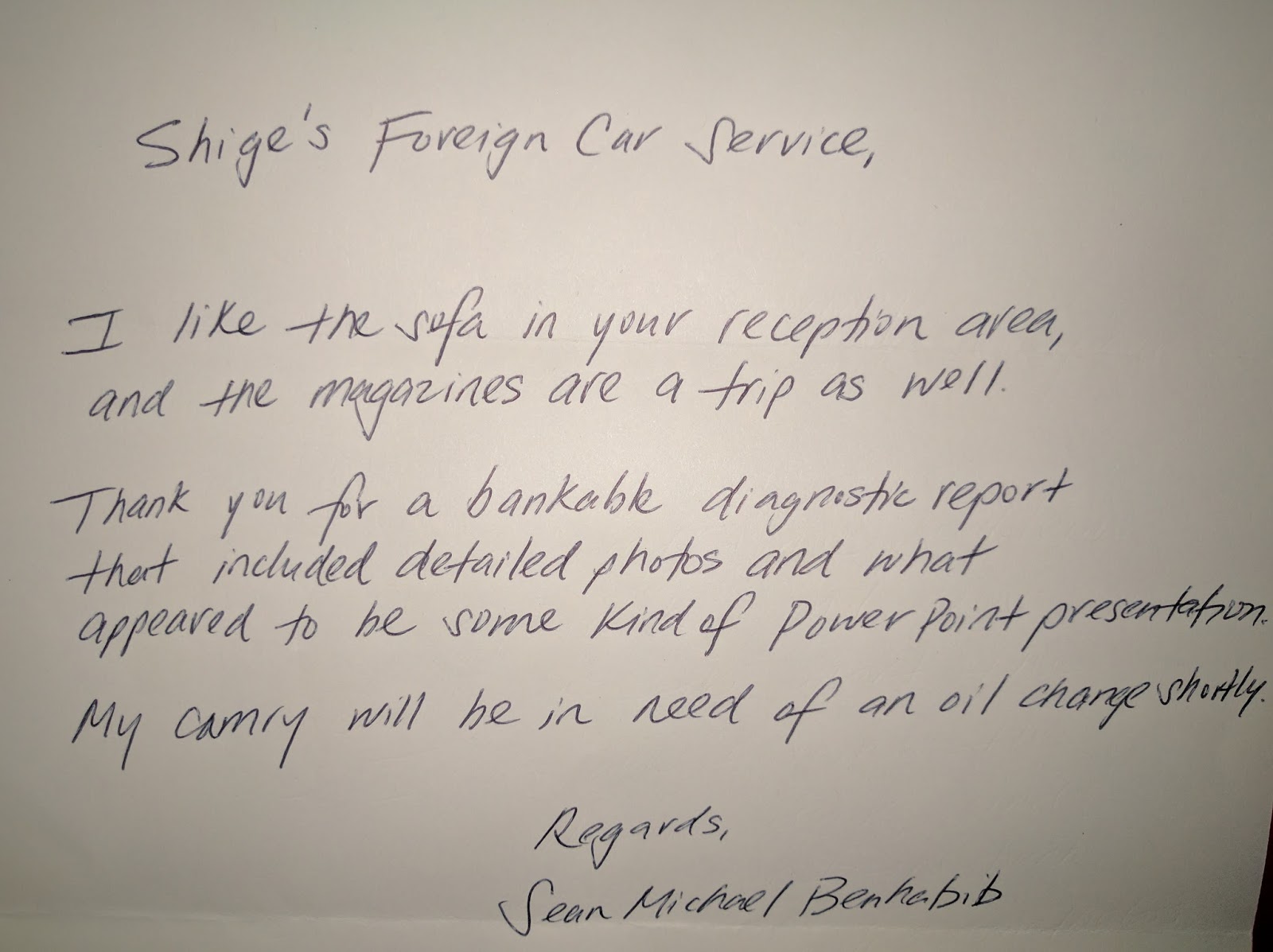 LIVE THE LEGACY: SHIGE'S PREMIER AUTO SERVICE!!: THANK YOU LETTERS ARE ...