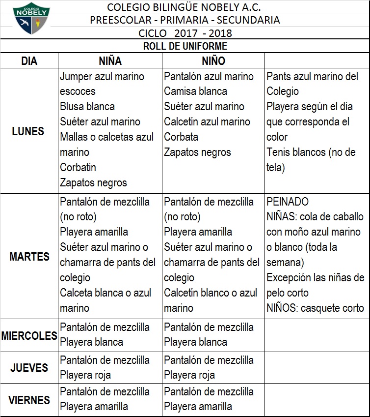 HORARIO Y ROLL DE UNIFORME 2017--2018