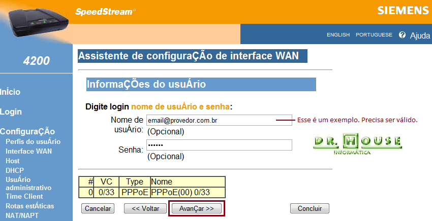 Dr House Informática: SpeedStream 4200 - Configurando para PPPoE (router)