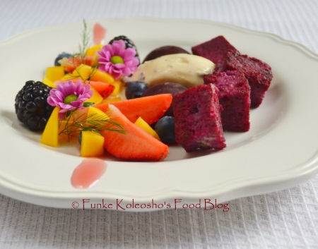 Sorrel (Zobo) Cake with Sorrel Gelee, Ice-cream & Mixed Fruits