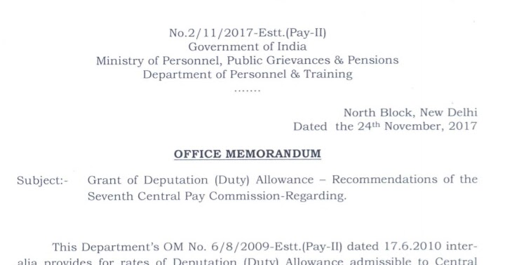Deputation (Duty) Allowance to Central Government Employees ...