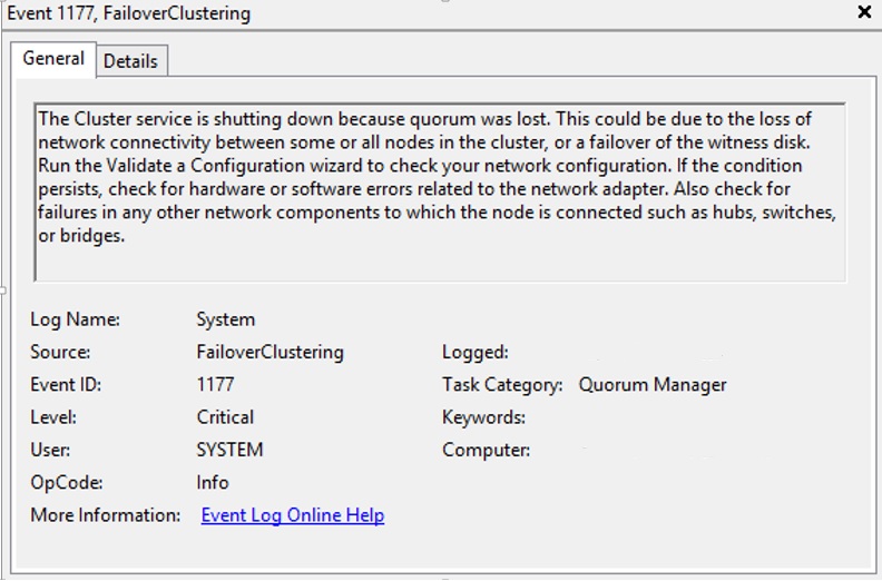 WSFC - Event ID 1135/1177/1564 FailoverClustering