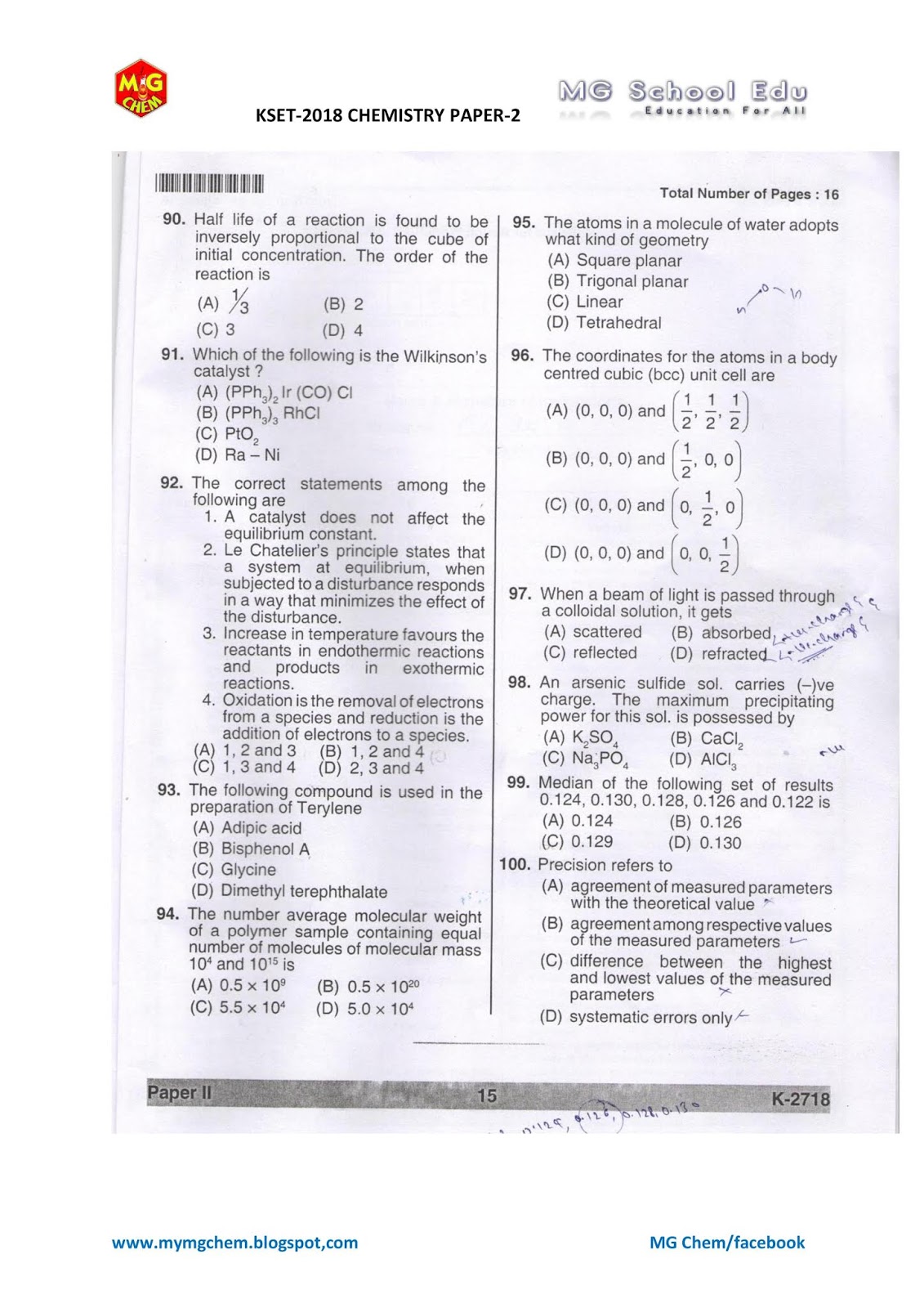 MG SCHOOL SCIENCE: KSET-2018 CHEMICAL SCIENCE QUESTION PAPER