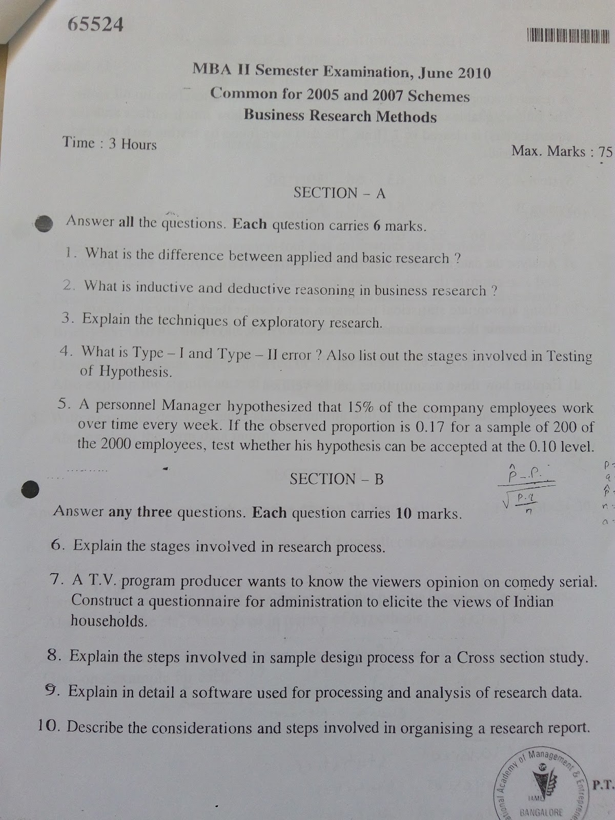 II SEM BUSINESS RESEARCH METHODS QUESTION PAPERS