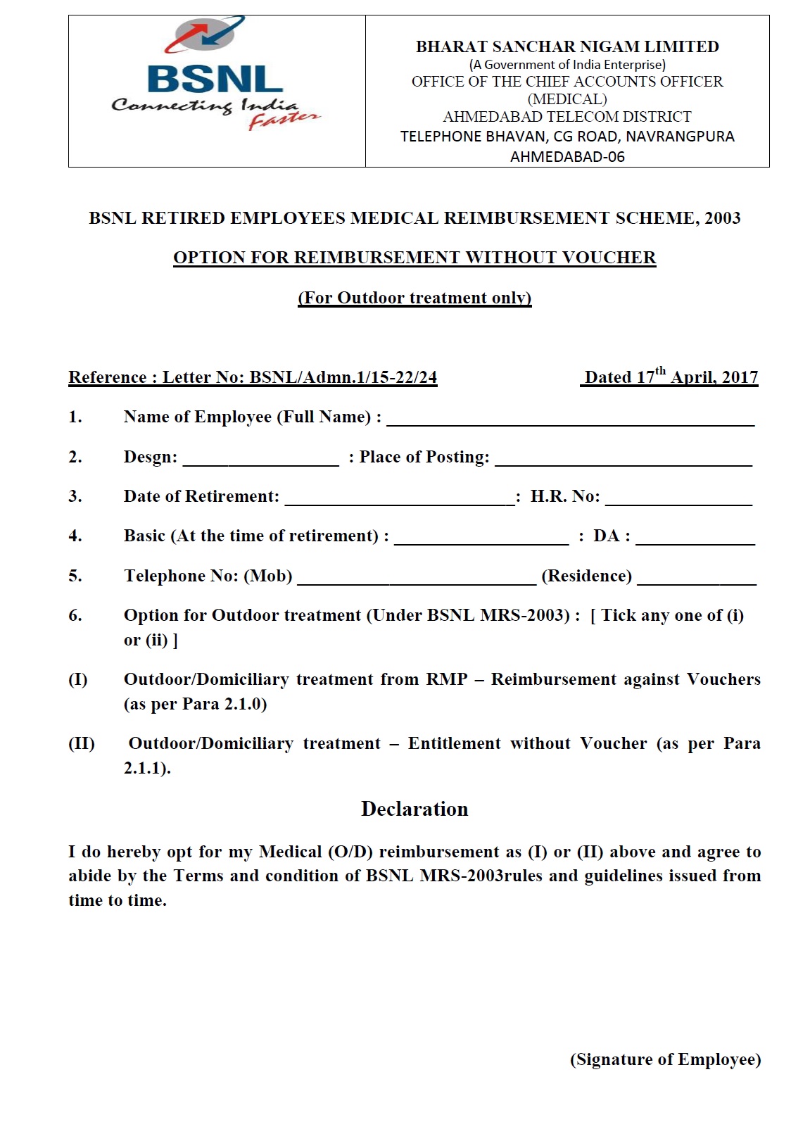 BSNL Pensioners Medical Reimbursement without voucher facility - Download Option Form | Central ...