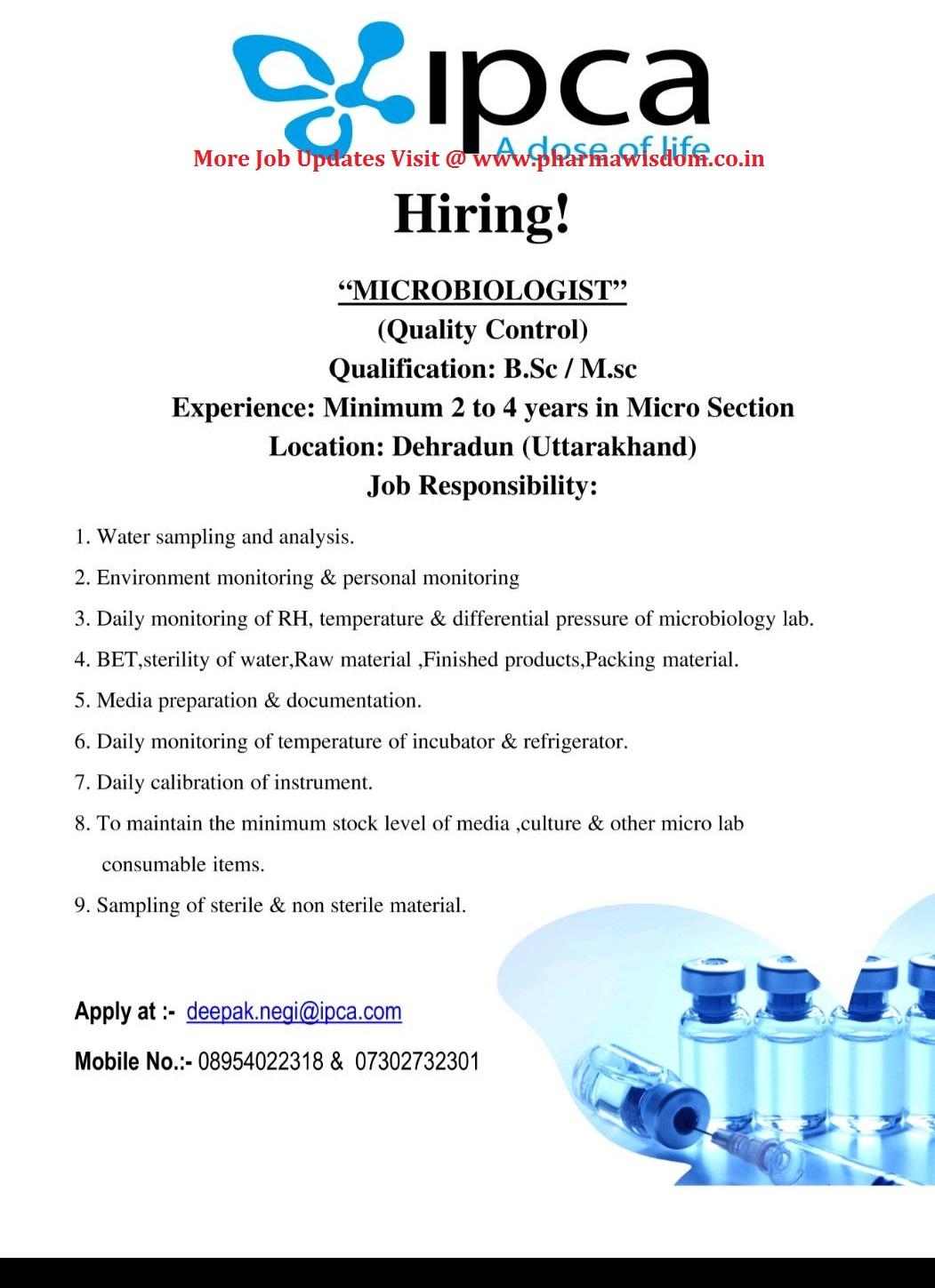 Ipca Laboratories - Hiring Microbiologist - Quality Control - PHARMA WISDOM