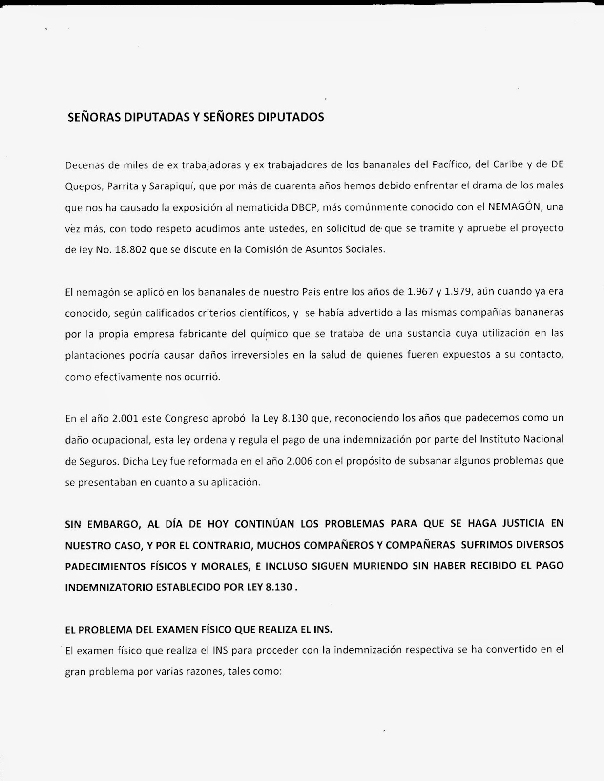 Costa Rica. Demandas del "Frente de personas afectadas por el nemagón"