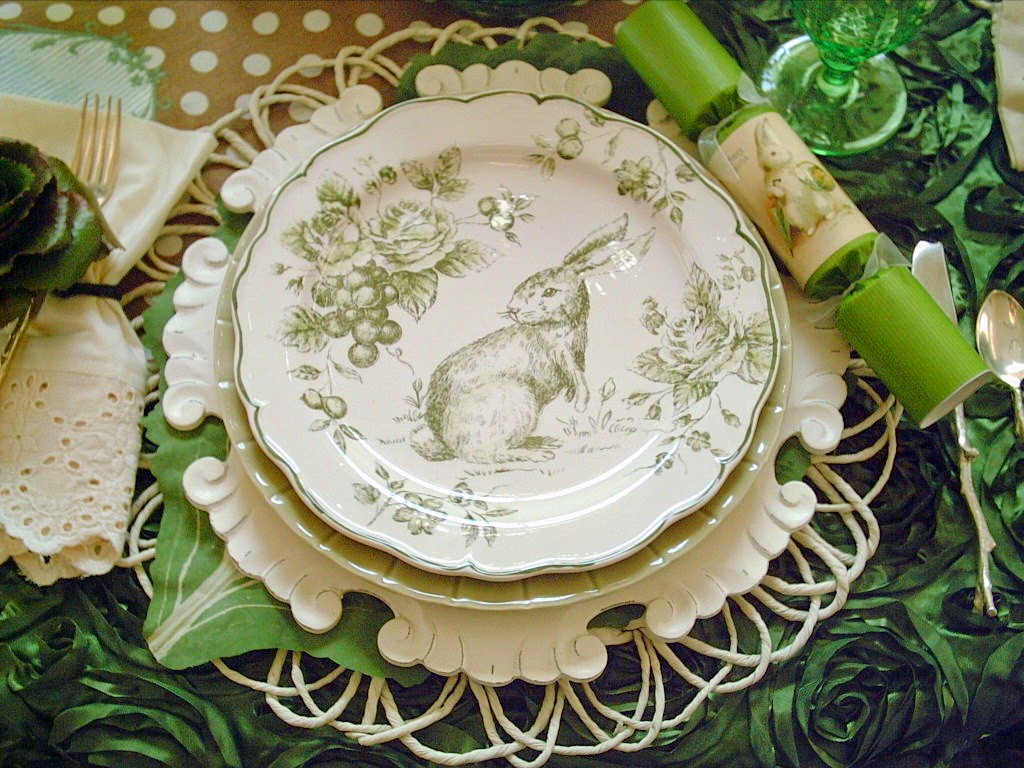 Candlelight Supper: Green Toile Bunny Tablescape & Rose Galax Leaf ...