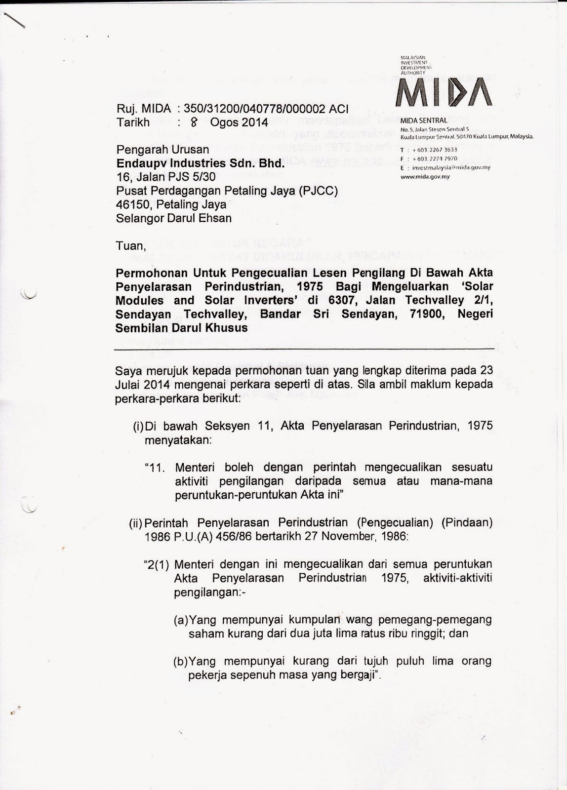 Selamat Datang Ke Halaman Berita Solar: MIDA Pengecualian Lesen Pengilang