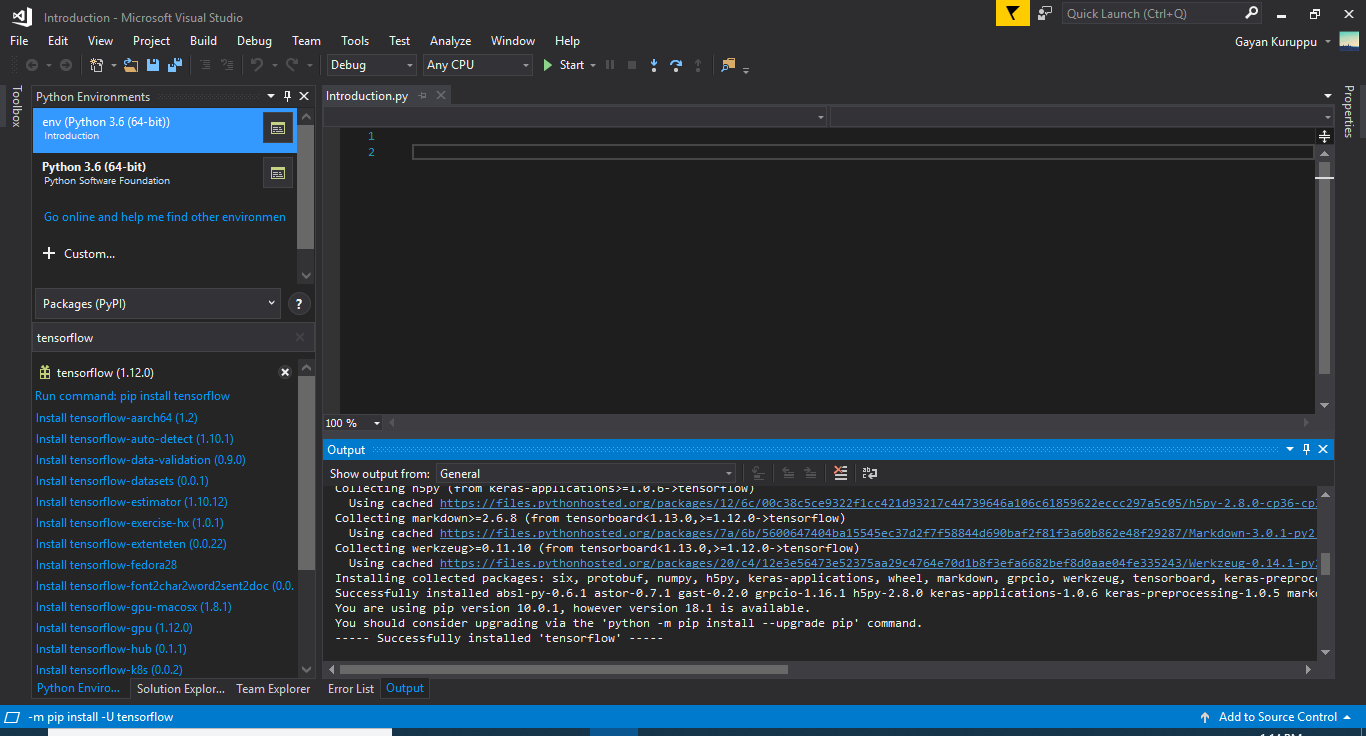 Using Tensorflow in Visual Studio