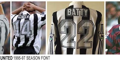 Football teams shirt and kits fan: Font Newcastle United 1995/97