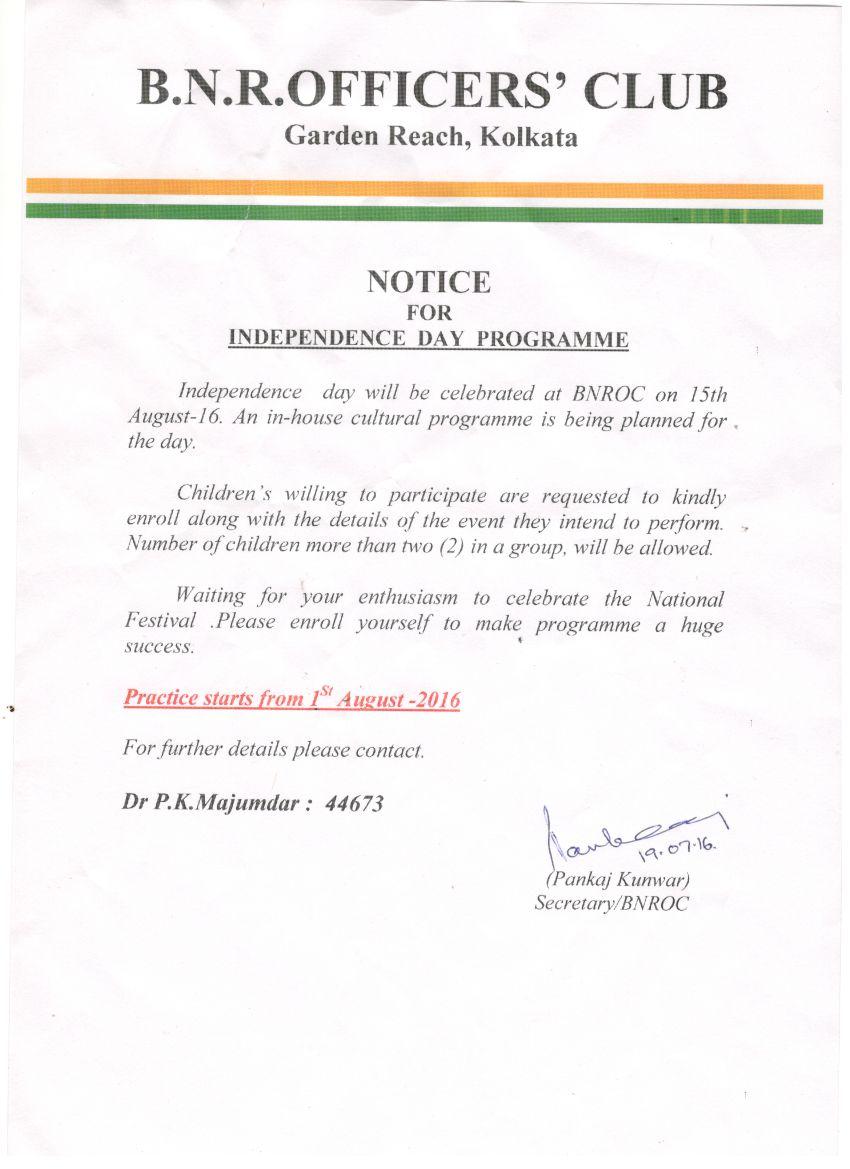 WELCOME TO BNR OFFICERS CLUB: Independence Day Notice