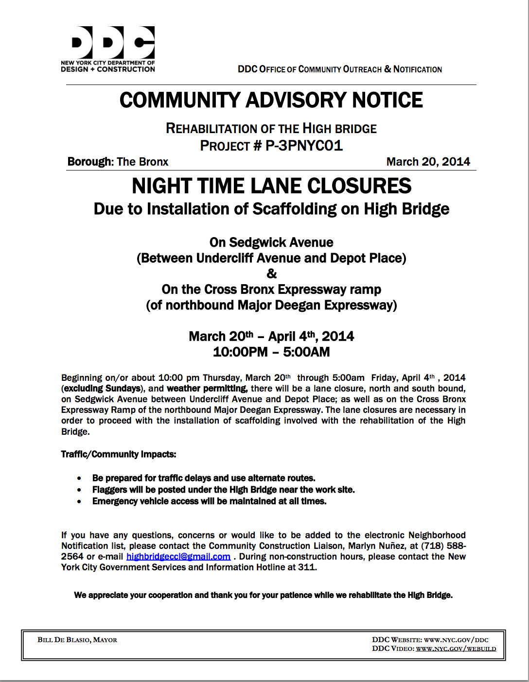 The High Bridge -- Its Past, Present & Future: Construction Advisory