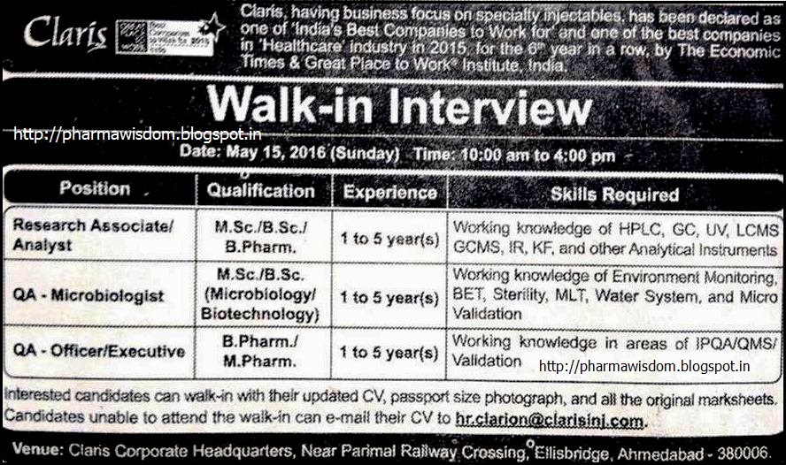 CLARIS LIFESCIENCES LIMITED Walk-In on 15/05/2016(SUNDAY) - PHARMA WISDOM