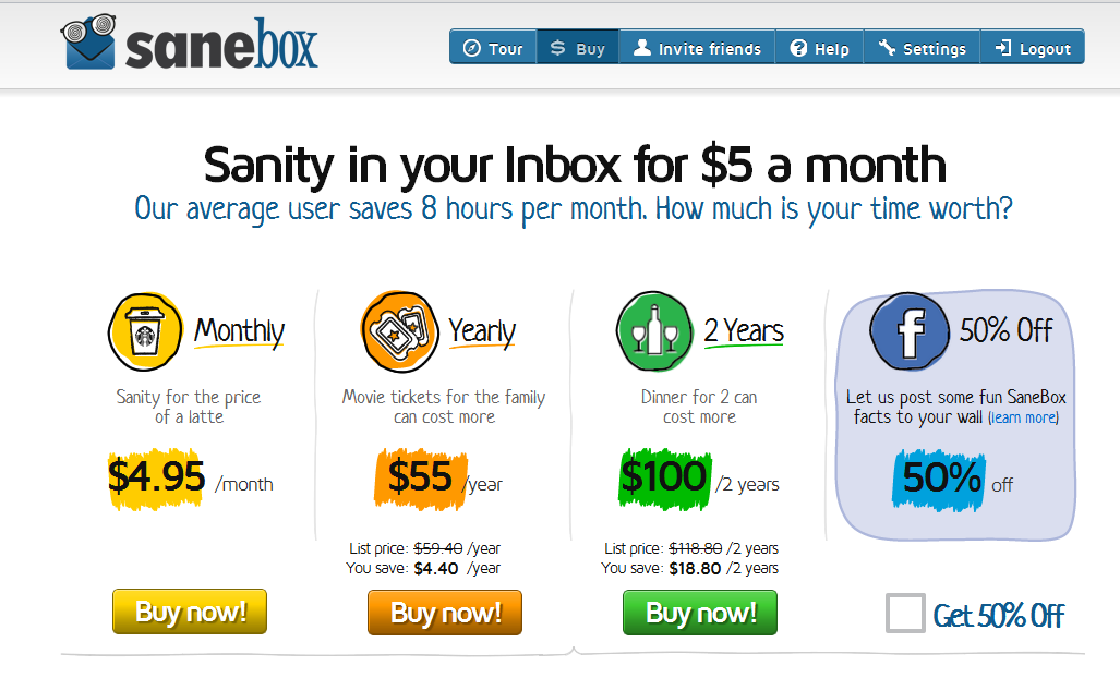 Iterative Insight: Design Detail: Sanebox Pricing compares plans to real life expenses