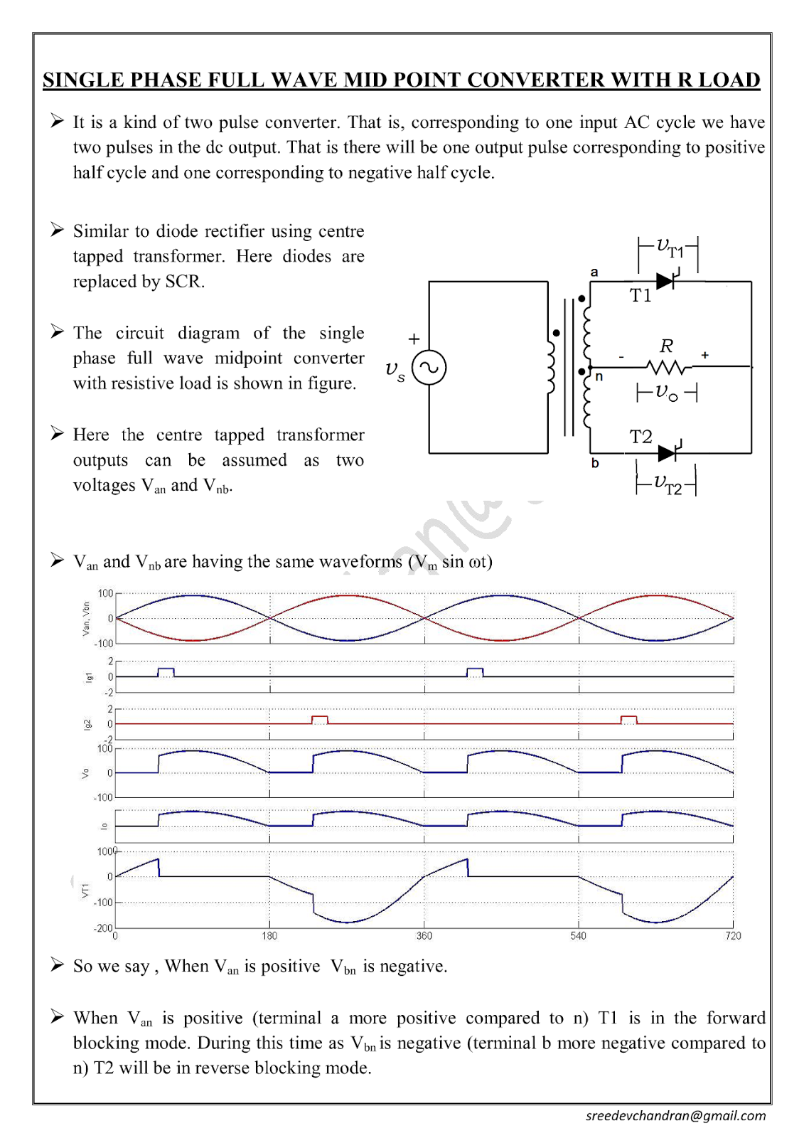 POWER ELECTRONICS NOTES: Single Phase Midpoint Converter with R, RL Loads