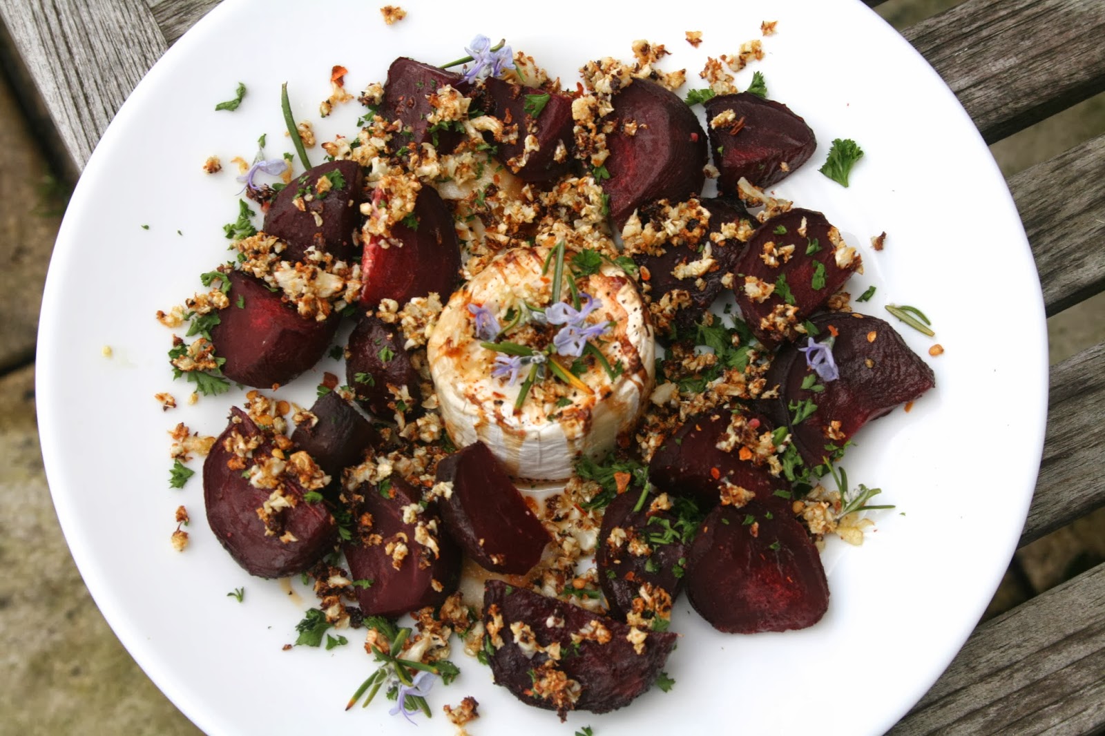 Roasted Beets with Goats Cheese and Rosemary Cauliflower 'Bread' Crumbs