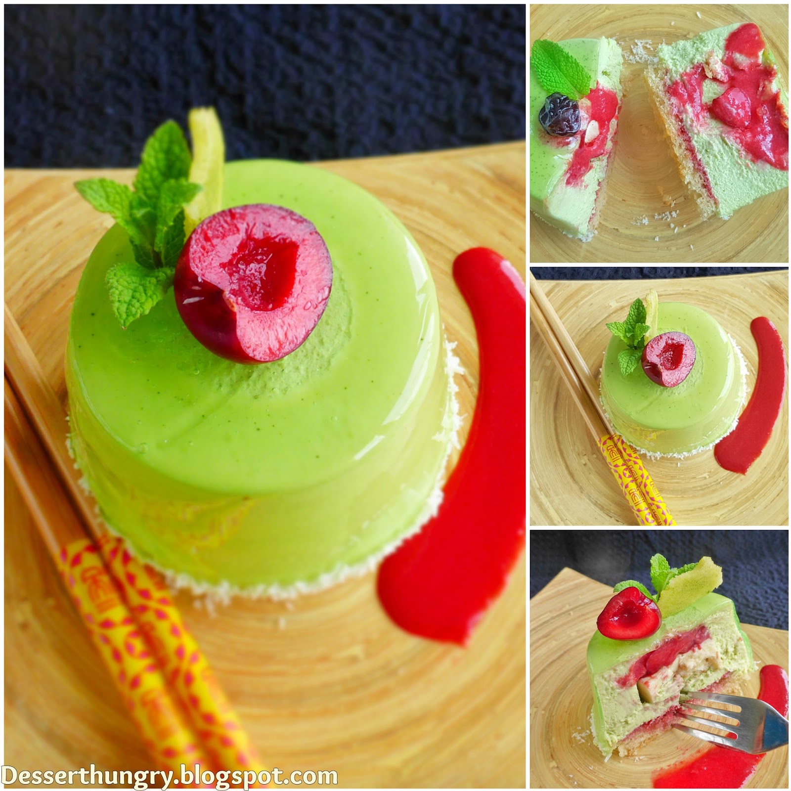 Matcha and sour cherry entremet