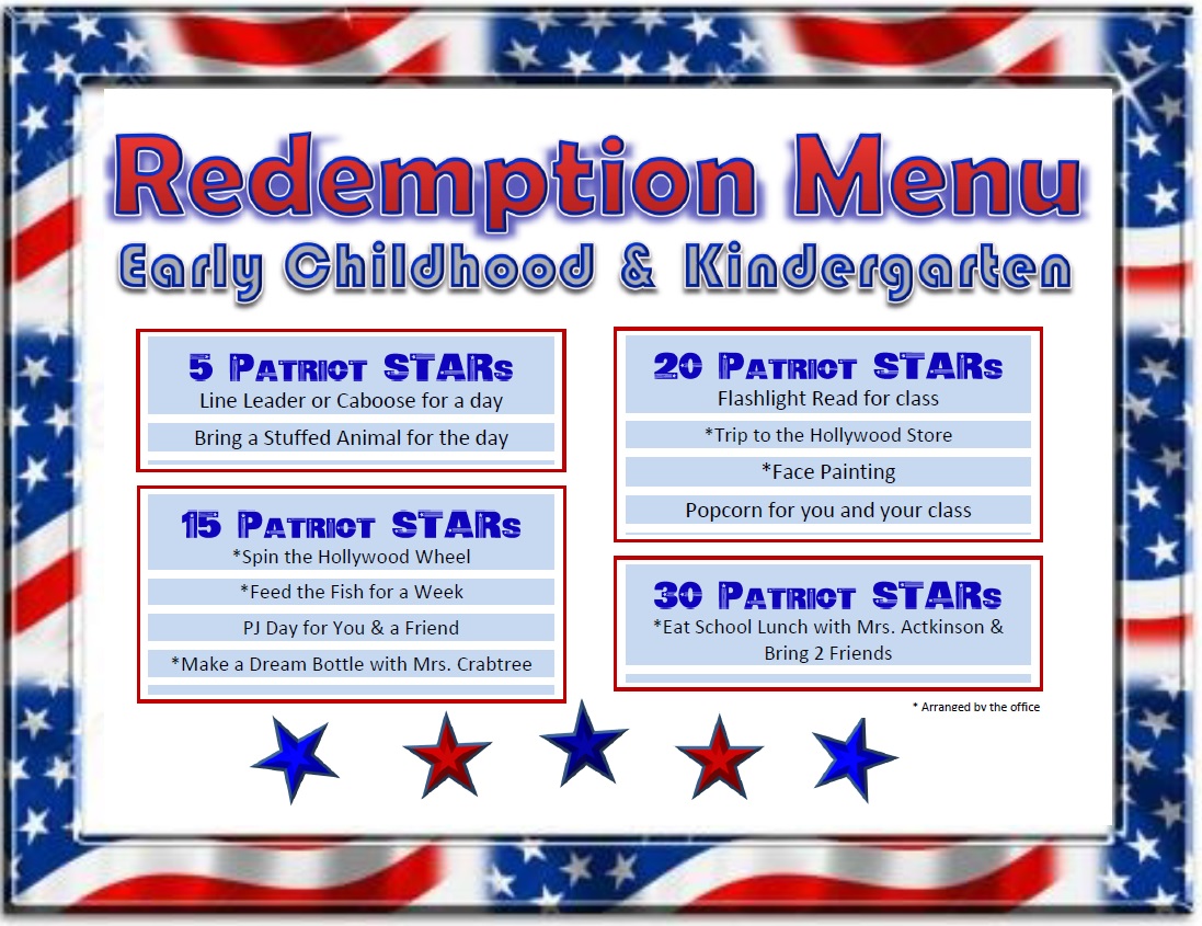 Pleasant Ridge Elementary: STAR Redemption Menus