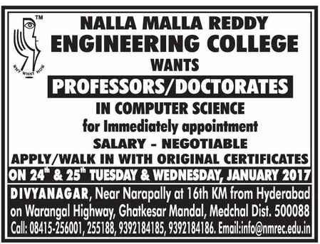 Nalla Malla Reddy Engineering College, Medchal, Wanted Professors ...