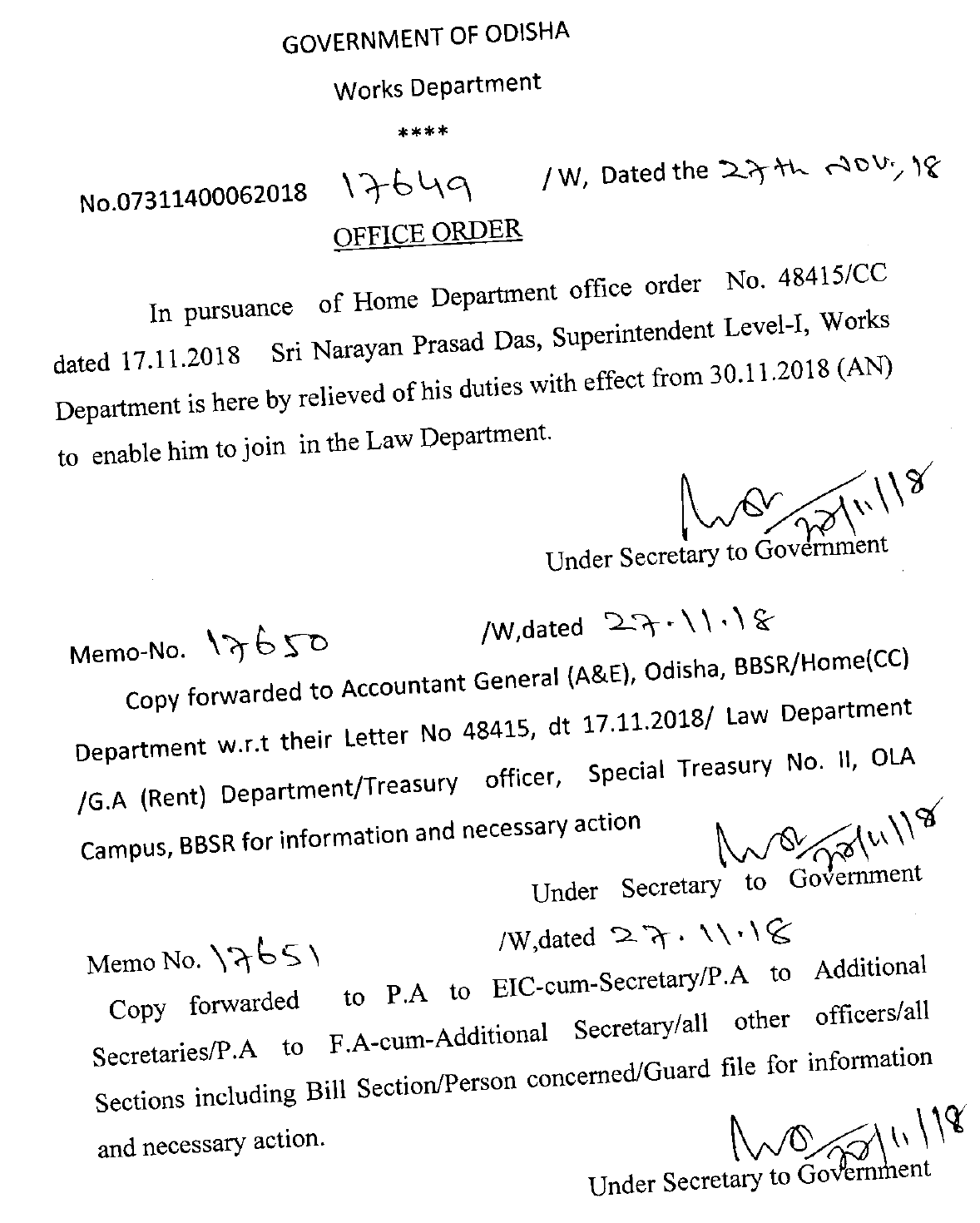 OSS TODAYS: Relieve Order of Narayan Pr Das, Supdt. L-I