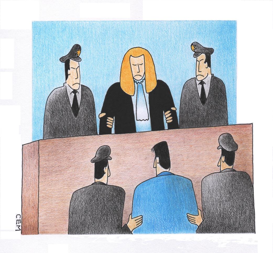 justice cartoons: judge and defendant