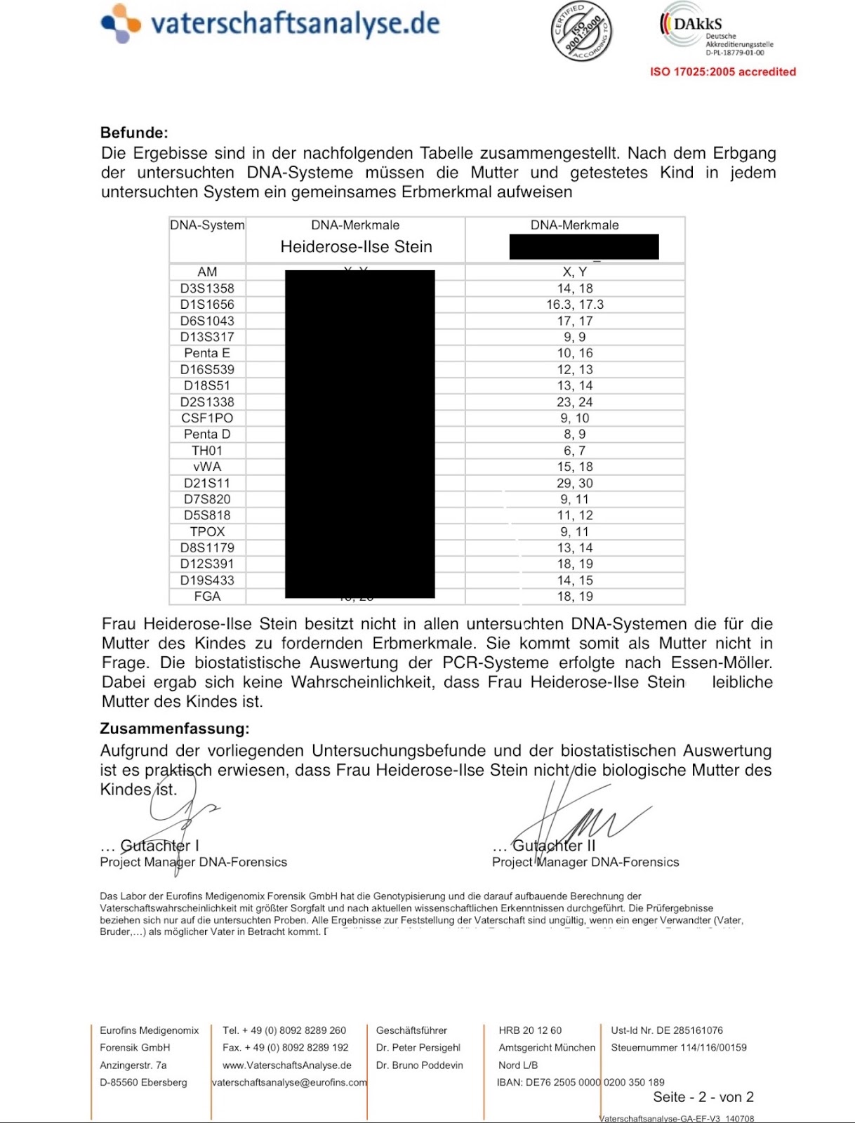 Abstammungsgutachten DNA Test Heiderose Ilse Stein [Heidi Stein] im ...