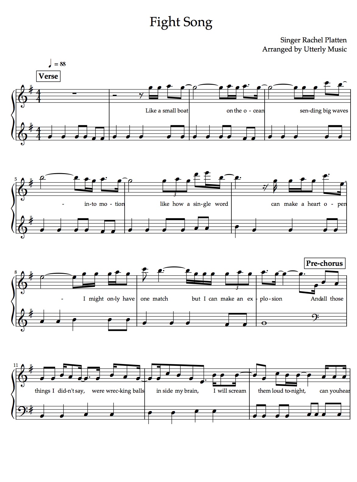 Utterly Music: [Scores] Fight song by Rachel Platten (Easy)