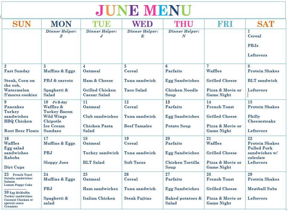 Karen And Kissable Kids: June Menu