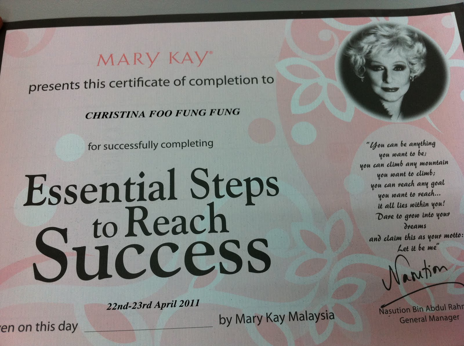Mary Kay ESRS Training - Won best goal poster! yeah! - Christina Foo