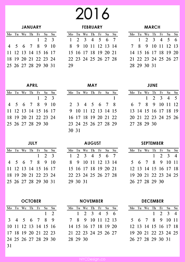 Blank Yearly Printable Calendars 2016 | White Gold