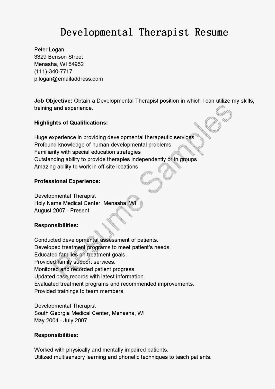 Resume Samples: Developmental Therapist Resume Sample