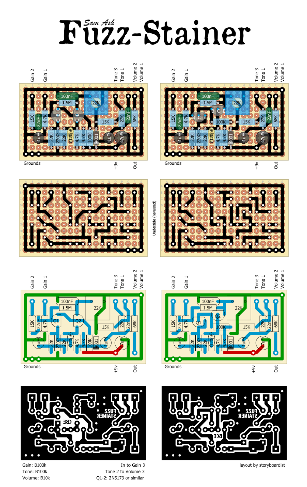 Perf and PCB Effects Layouts: Sam Ash Fuzz-Stainer