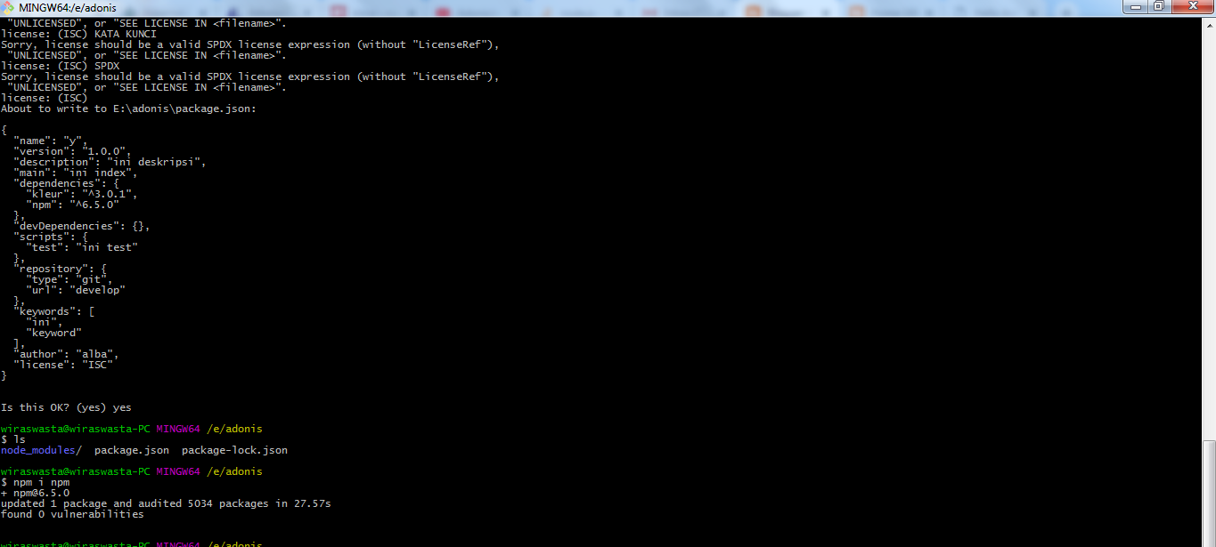 cara mengatasi npm WARN saveError ENOENT: no such file or directory, open 'E:\adonis\package.json