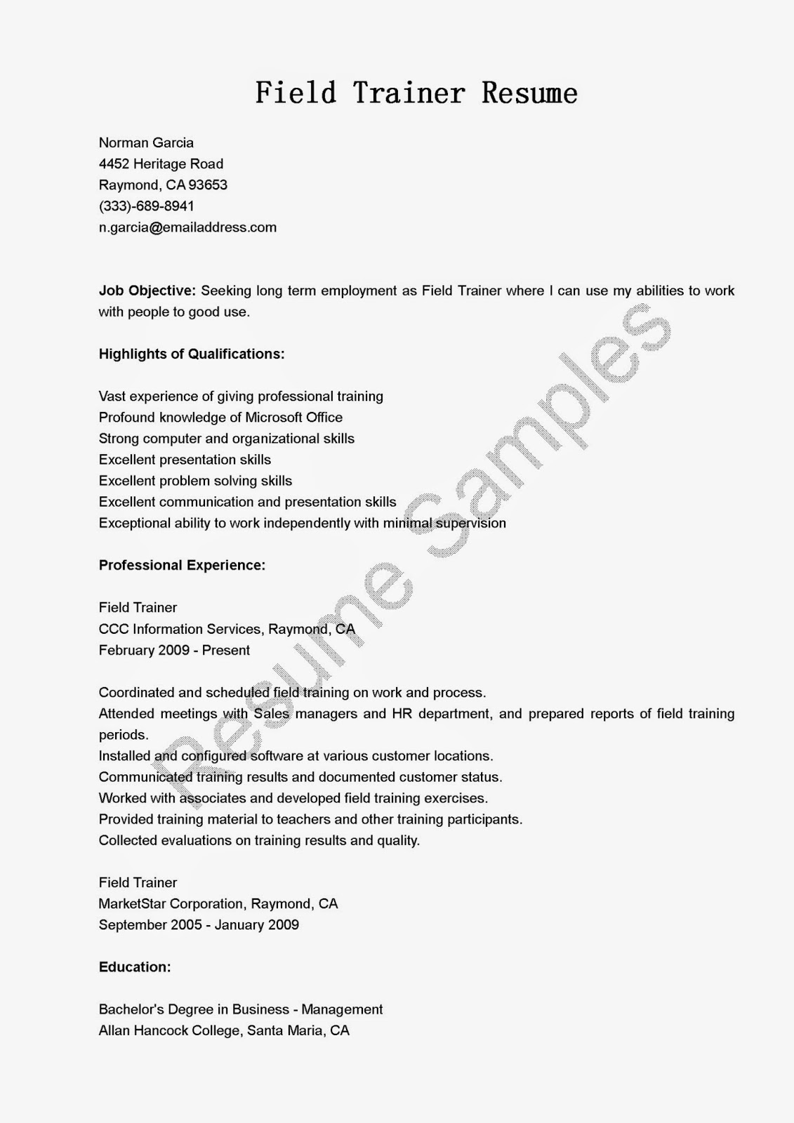 Resume Samples: Field Trainer Resume Sample