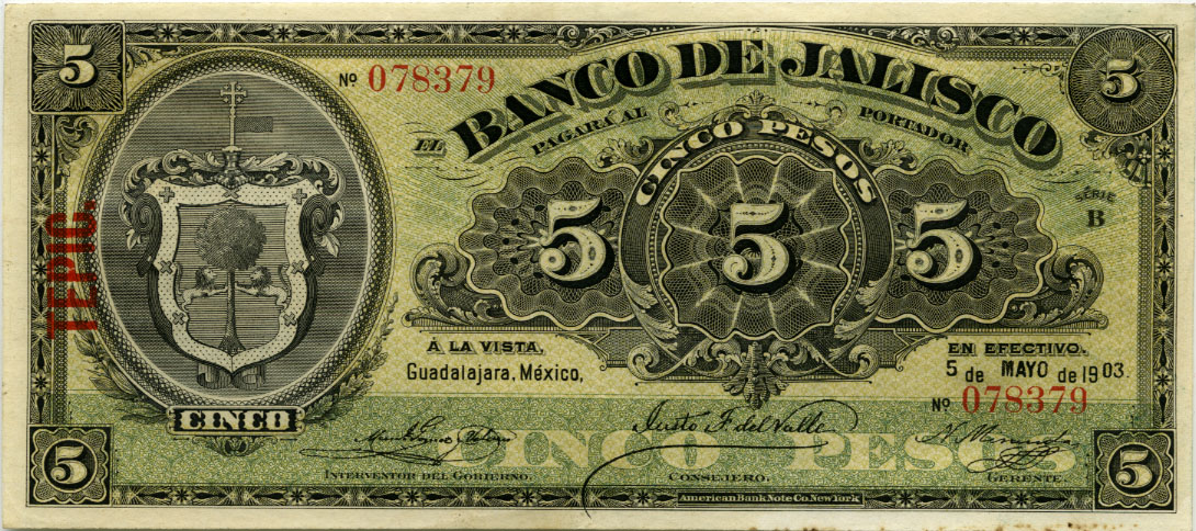 Mexico banknotes 5 Pesos bank note 1903 Banco de Jalisco|World ...