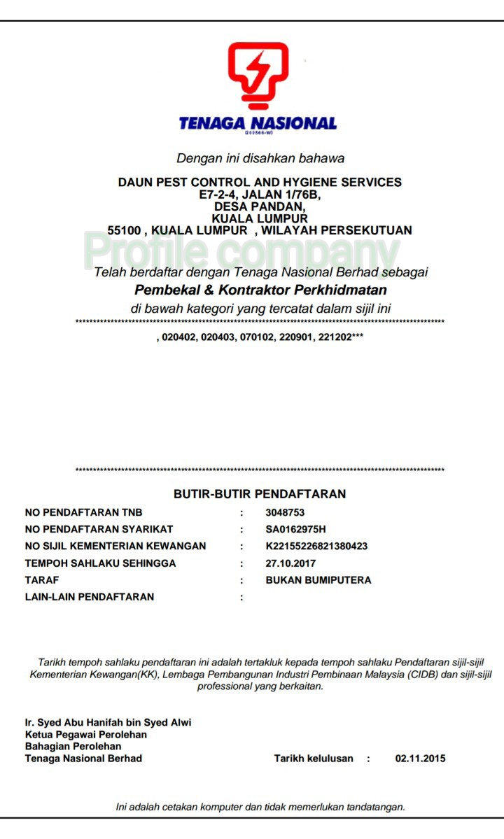 DAUN PEST CONTROL AND HYGIENE SERVICES: SIJIL VENDOR TNB - VENDOR ...