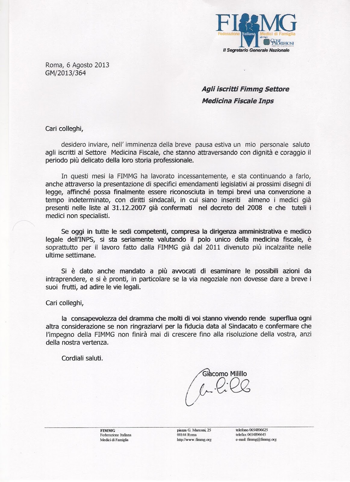 FIMMG SETTORE INPS: Lettera del Segretario Nazionale Generale FIMMG