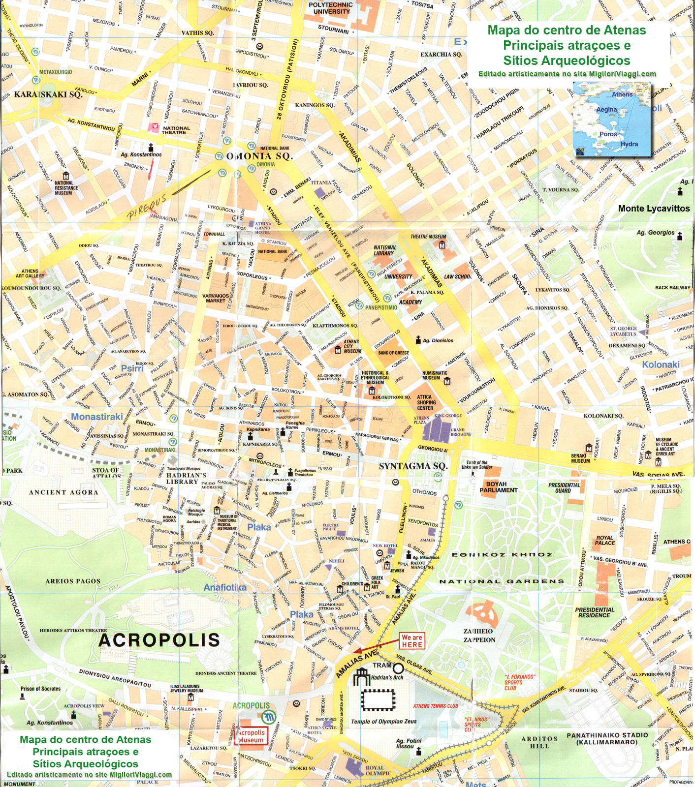 Mapa Turísitico de Atenas e suas Atrações