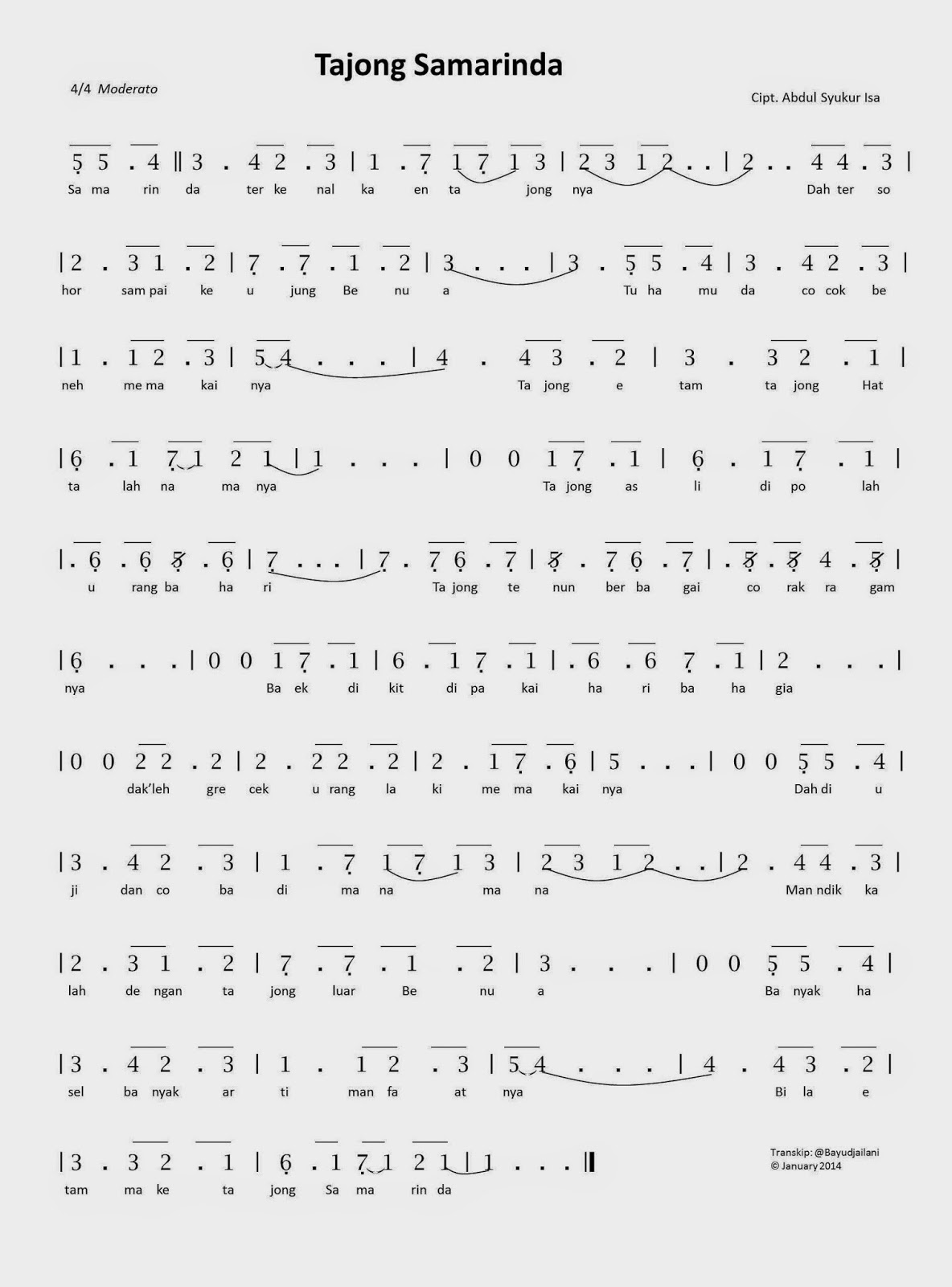 Musik dan Lagu Daerah KalTim: Partitur Lagu Tajong Samarinda